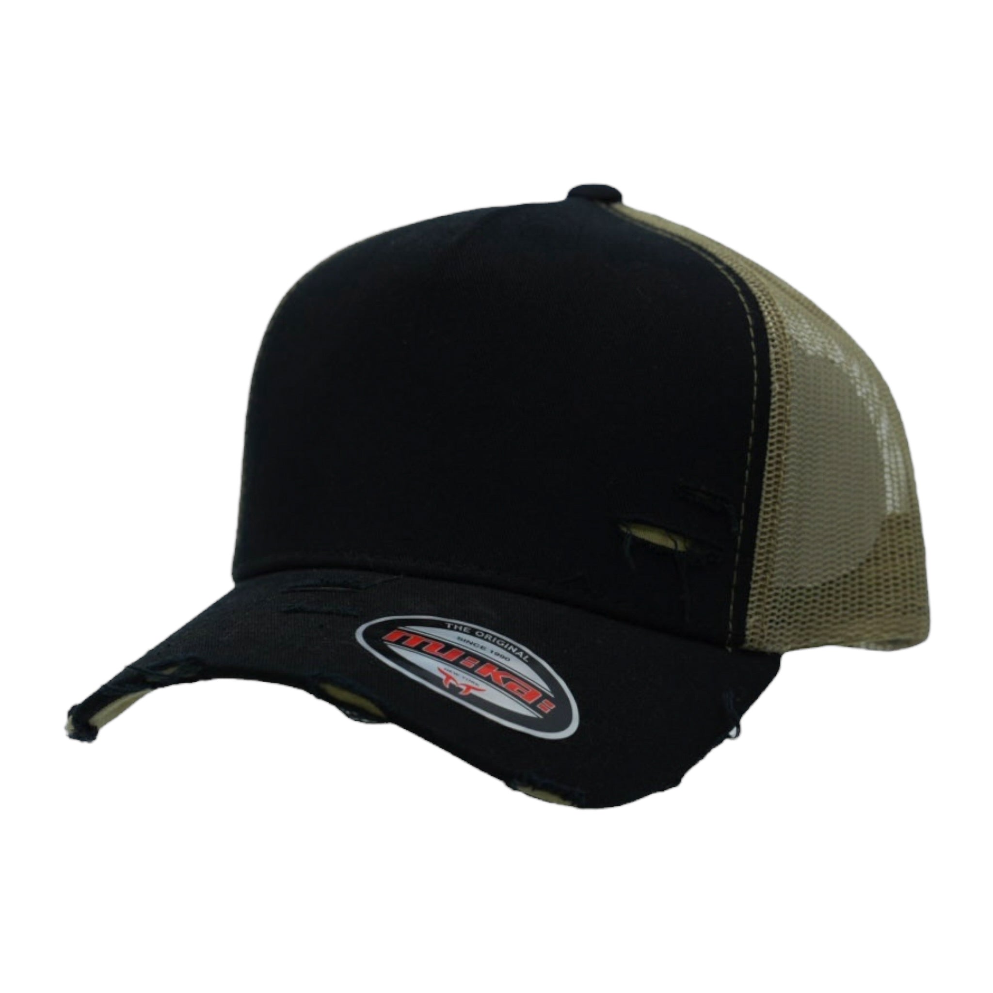 Blank 5-Panel High Profile Trucker Hat | Distressed 2-Tone – Muka Headwear